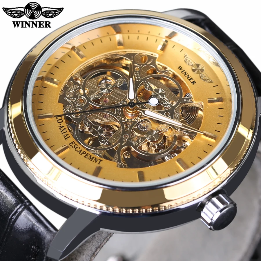 Winner 4 Ring Designer Analog Transparent Case Gold Watches Men Luxury ...