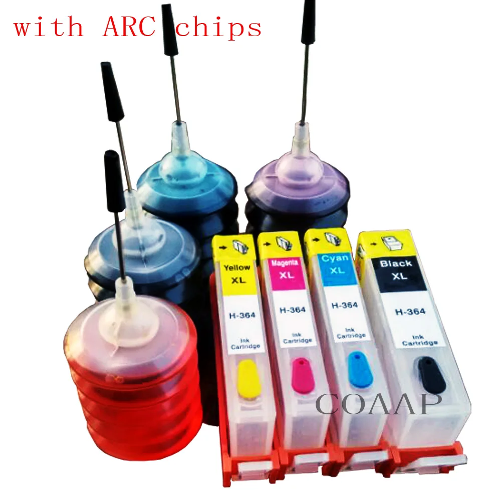 4 Compatible hp364 Refillable ink cartridge + 120ml Dye ink For hp 364 ...