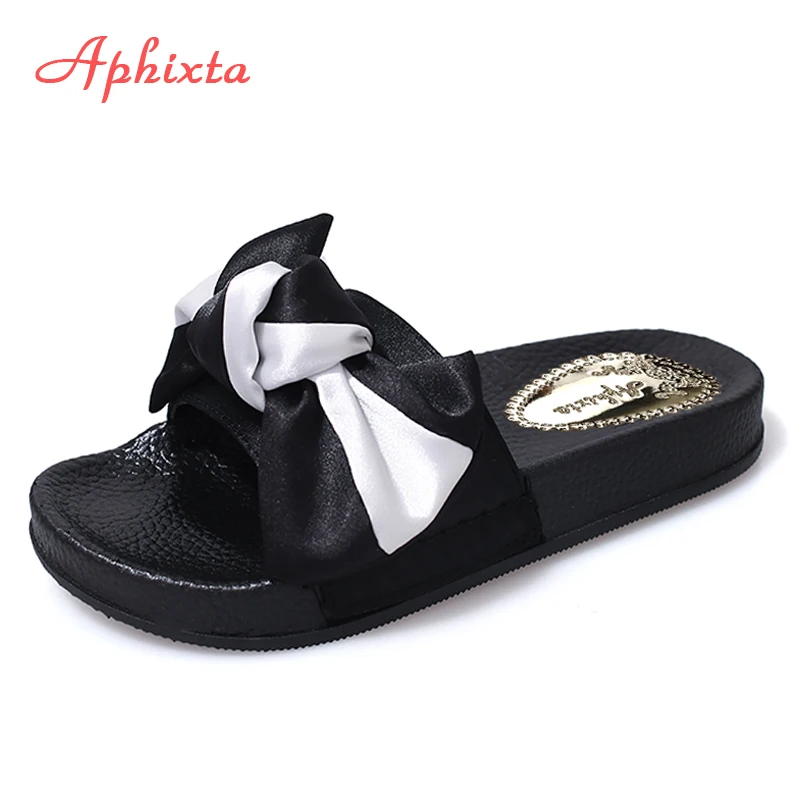 Aphixta New Silk Butterfly Decoration Women Summer Beach Slide Silk Fabrics Flat Heels Slipper