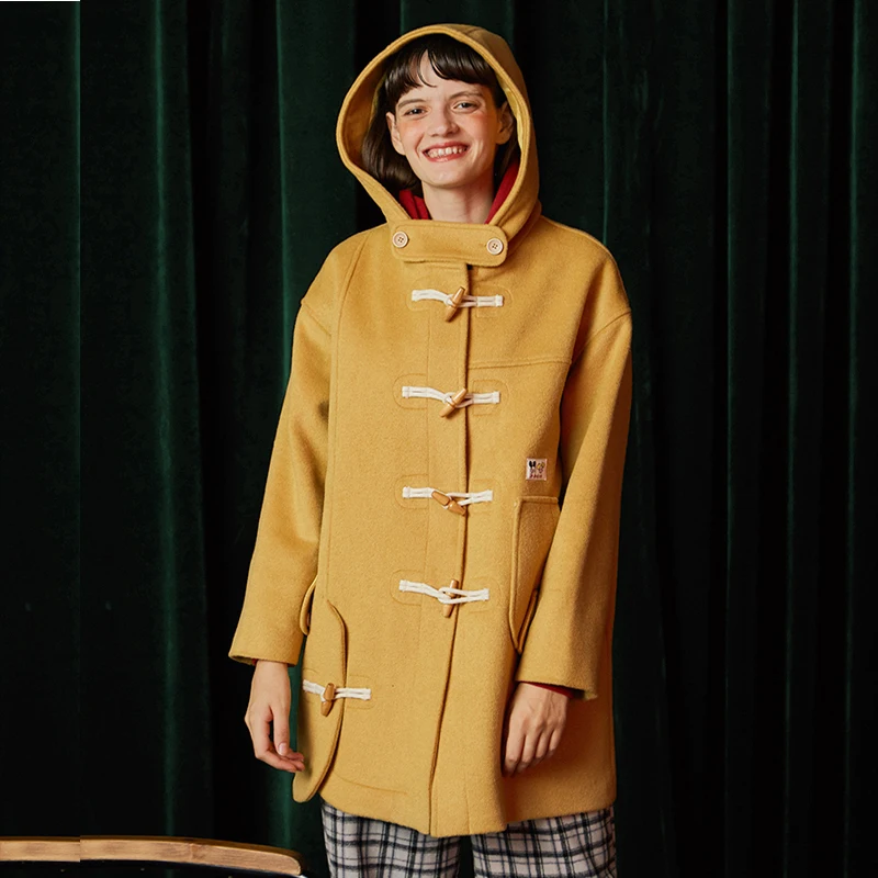 High Quality Horn Buckle Yellow Loose Woolen Coat Mid Length Hooded