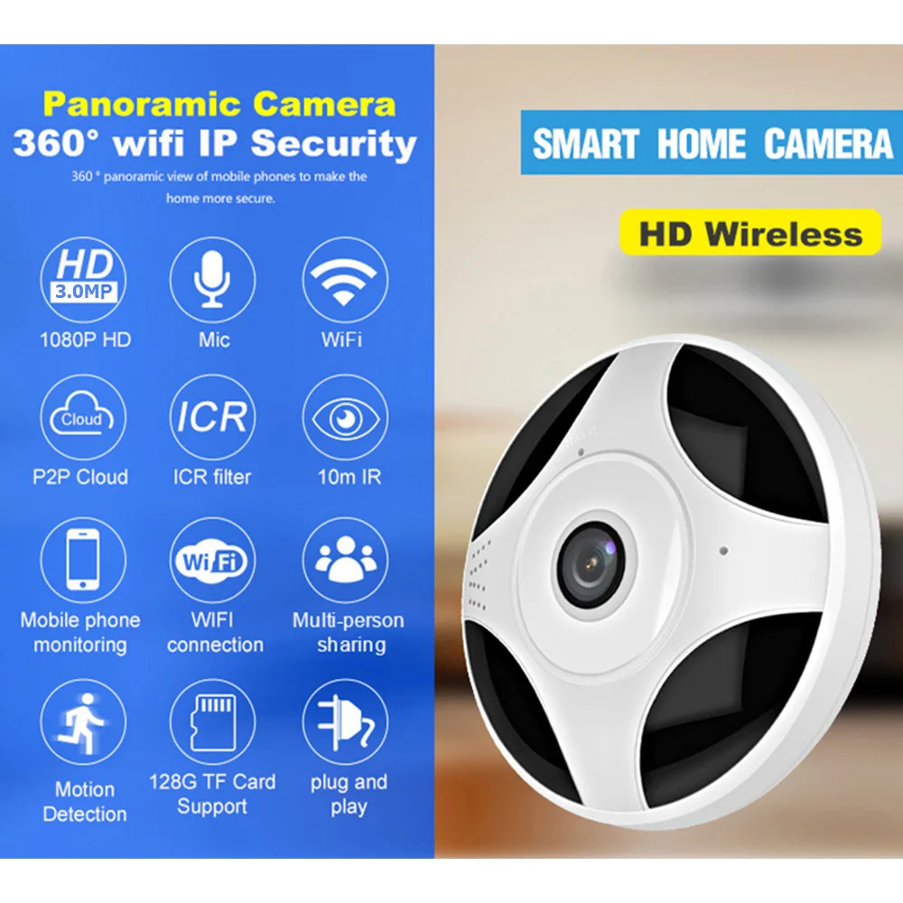 ZGWANG 3.0MP 360 VR Wifi Camera Panoramic Camera Home Security Video ...