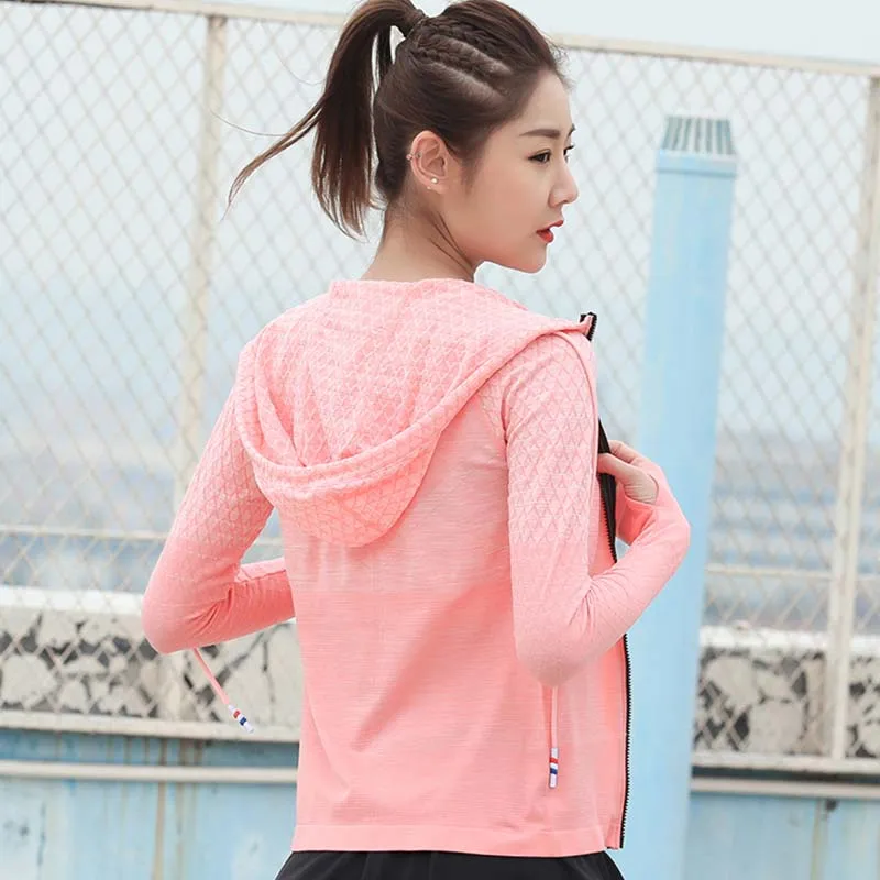 Women Running Zipper Hooded Jackets Slim Fit Sports Long-sleeved Coats ...