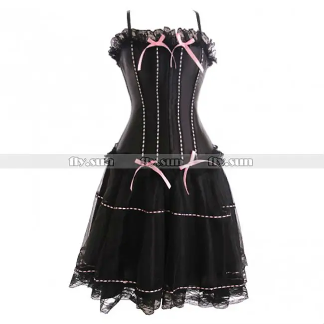 Black Overbust Corset With Skirt Hook & Eye Basque Lace Up Bustier Sexy ...