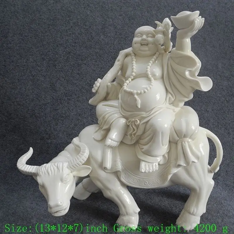 33cm Dehua Porcelain Laughing Buddha Riding A Cow Thriving Business ...