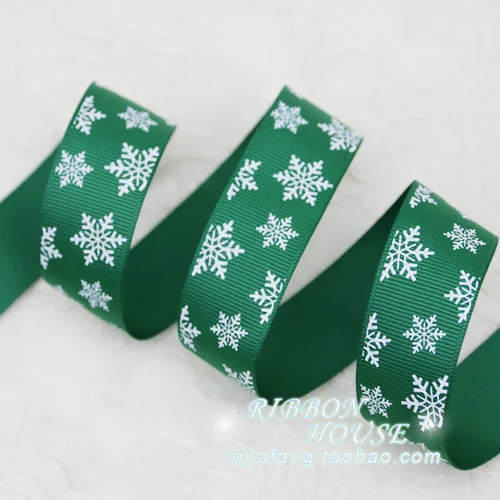 1" (25mm) Green Top Quality Christmas Snowflake printed grosgrain ...
