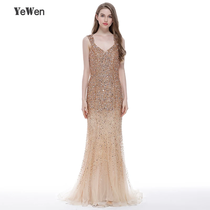 Luxury Sexy Gold Handmade V neck Crystal Mermaid Evening Dresses Long ...