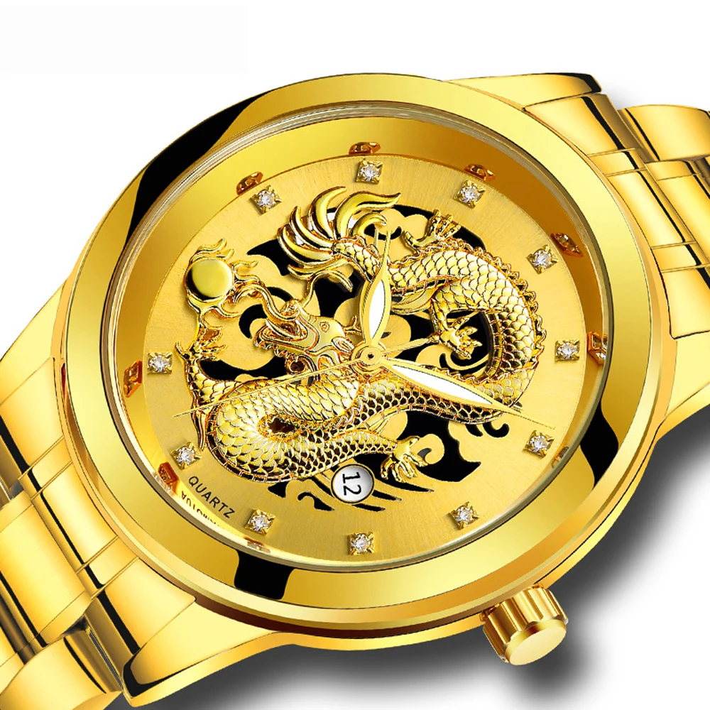 Gold Watch Men Wristwatch Steel Waterproof Business Quartz Dragon Watch ...