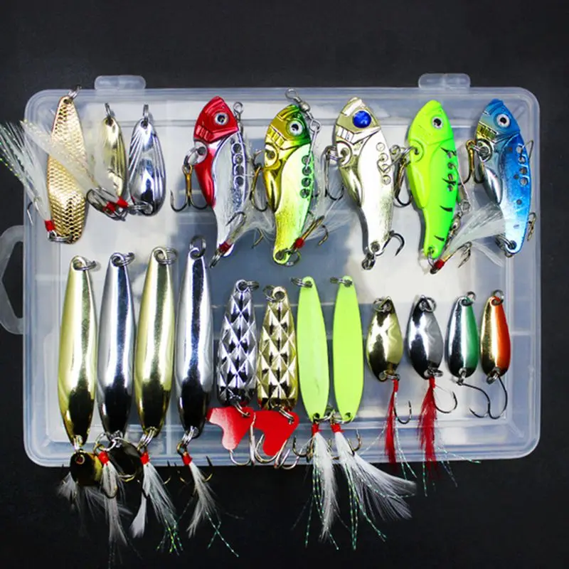 21Pcs/Box Metal Spoon Lures Fishing Lure set Vib Spinner bait Treble ...