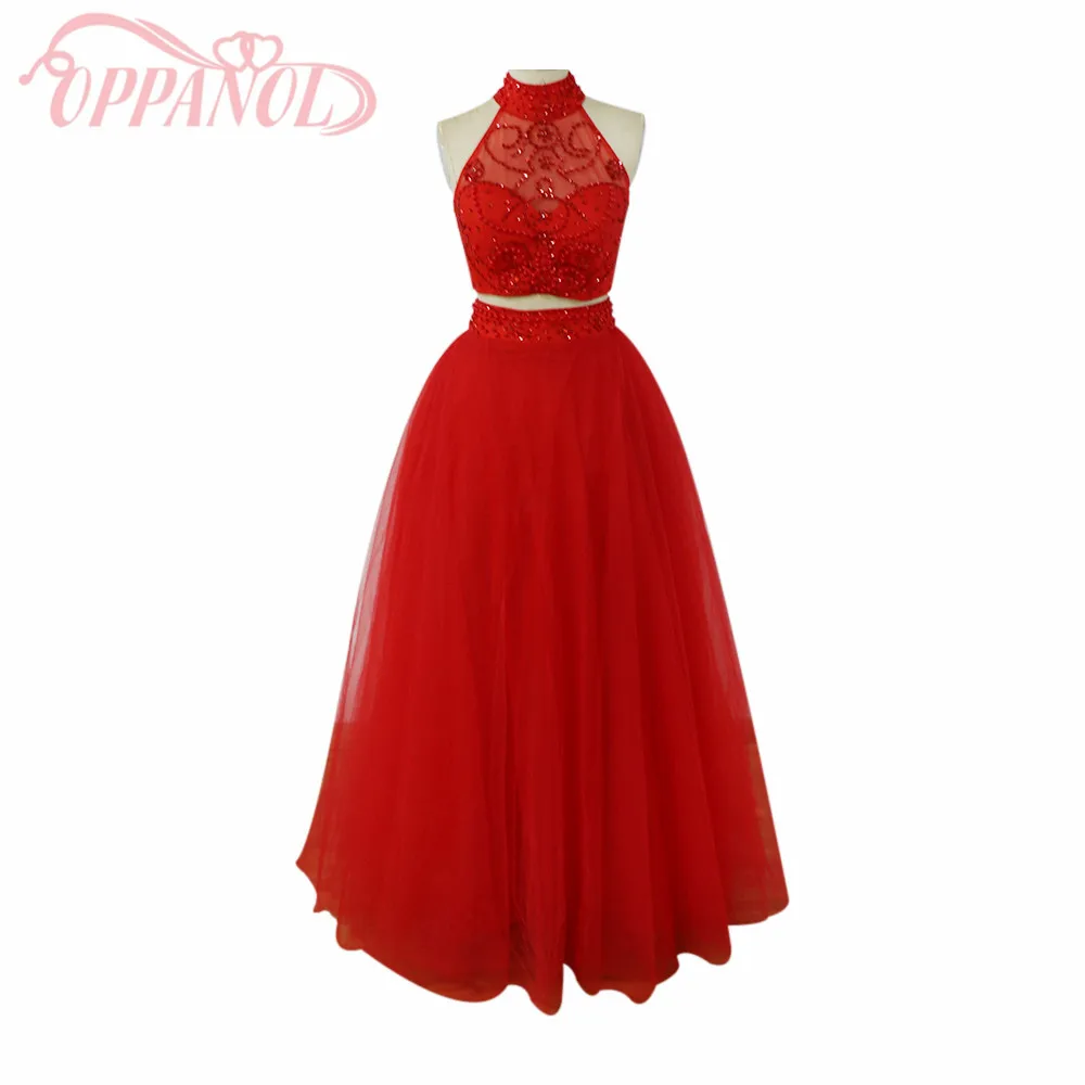 Red Sexy Crop Top High Neck Sleeveless Beading Two Pieces Tulle Long ...