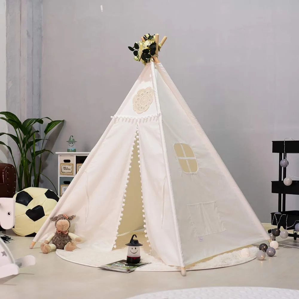 White Canvas Teepee Kids Teepee Pom Poms Indian Play Tent House ...