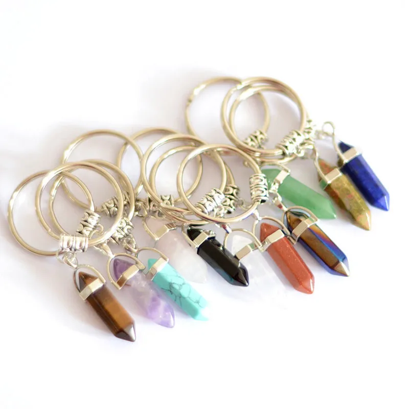 Natural Stone Imitation Hexagonal Prism Crystal Key Rings Bag Charm ...