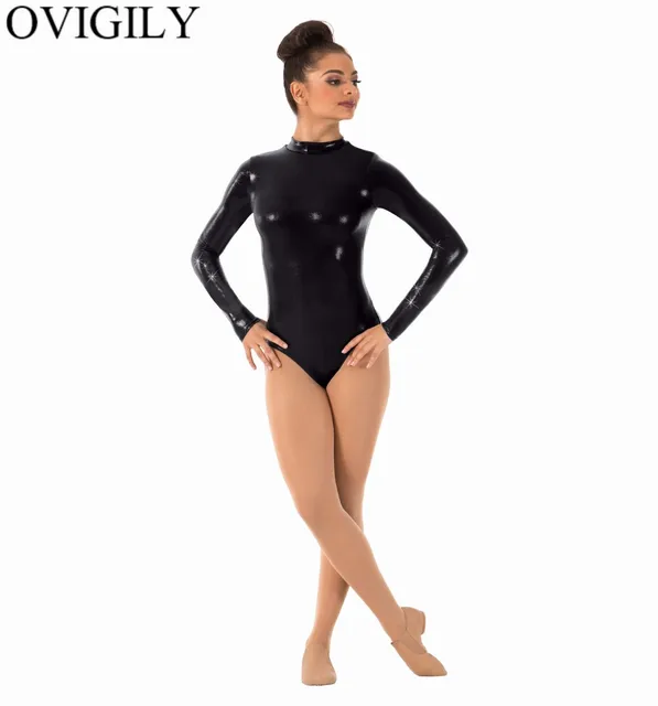 OVIGILY Purple Adults Long Sleeve Leotard For Gymnastics Women Spandex Metallic Turtleneck Dance ...