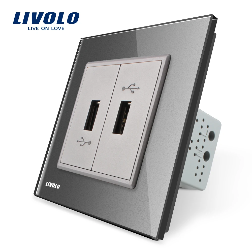 Livolo, Gray Crystal Glass Panel, One Gang USB Plug Socket / Wall ...
