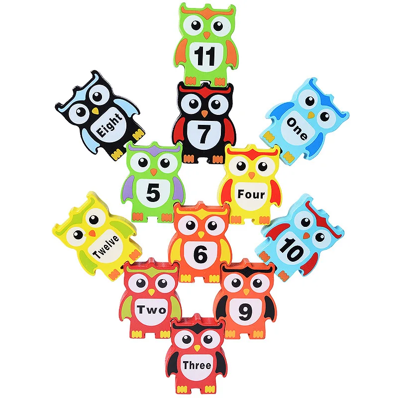 Montessori Cartoon Wooden Balancing Blocks Owl Numbers Counting Toys ...