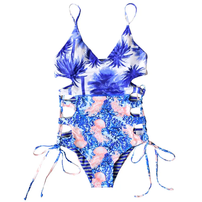 Swimsuit Women 2017 High Waisted Open One Piece Bandage Printing