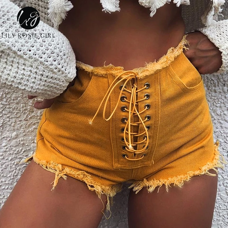 Lily Rosie Girl Yellow Beach Casual Shorts Lace Up Solid Women Shorts Loose Sexy Shorts In