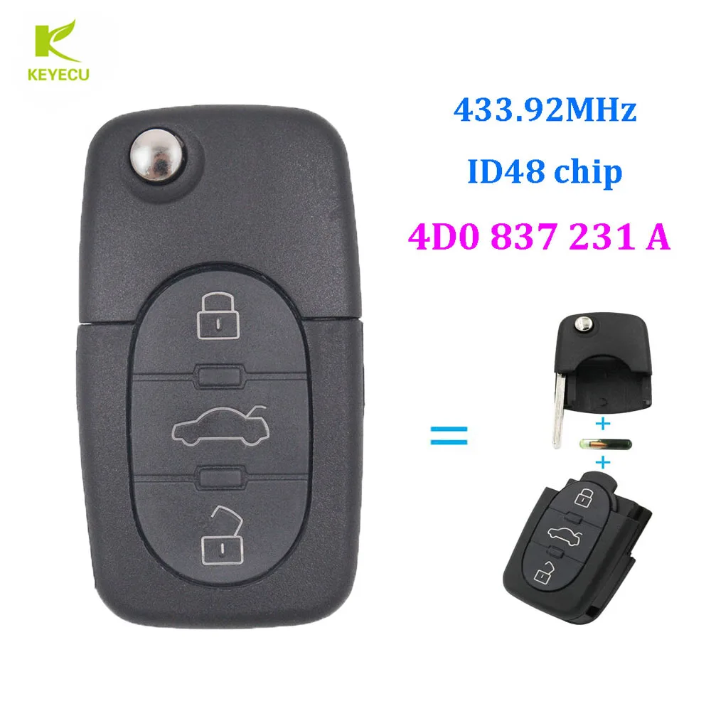 KEYECU 3 Button Folding Remote Key FOB 433.92Mhz With ID48 Chip For ...
