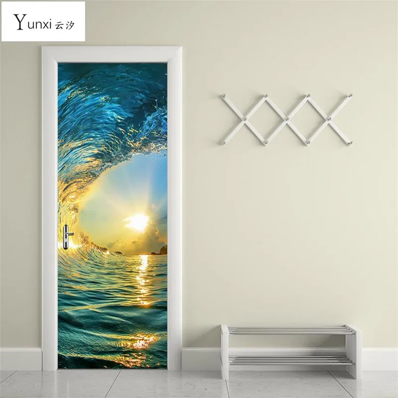 YunXi New 3D Door Stickers Seaside Sunset Stickers Bedroom Living Room ...