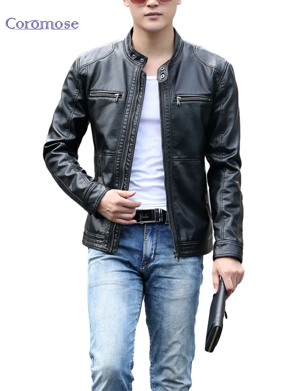 Coromose PU Leather Jacket 2017 Men Black Red Brown Solid Mens Faux Fur ...