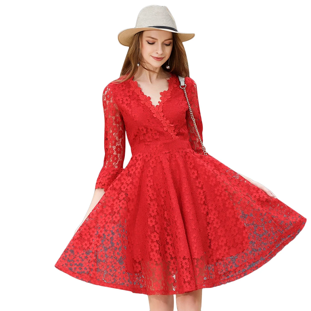 2018 Red Summer Lace Dress Women Hollow Out Flare Sleeve Vestido de ...
