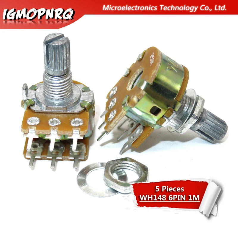 5pcs Wh148 6pin B1m Dual Stereo Potentiometer 1mohm Shaft 15mm Pot 1m ...