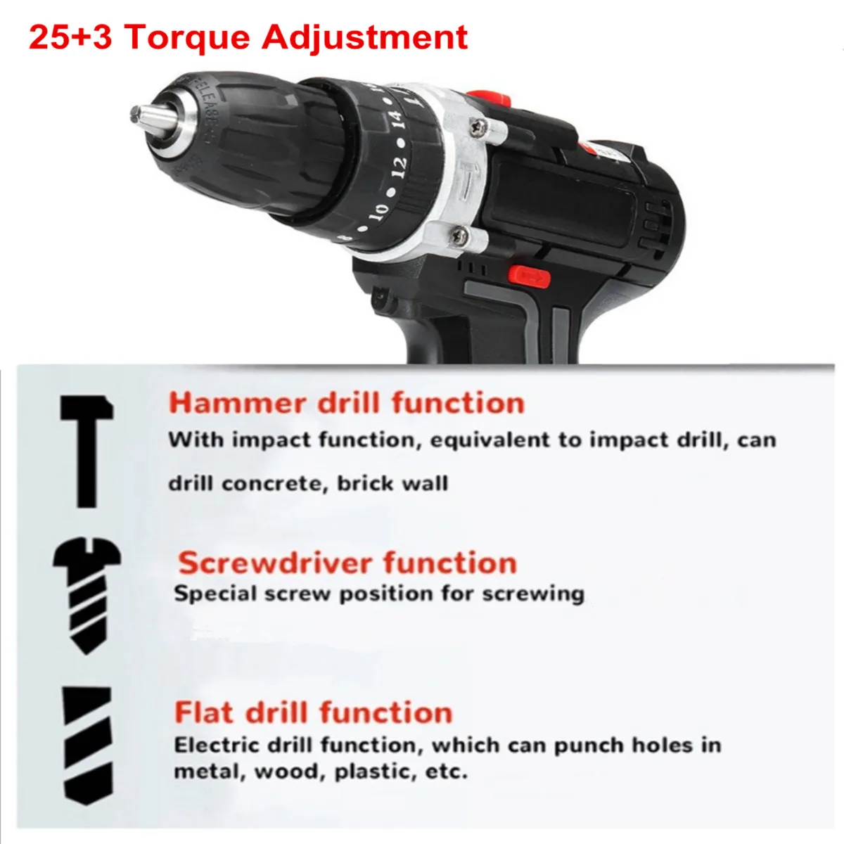 New 25+3 Torque 36V Cordless Electric Impact Drill Li-ion Battery ...