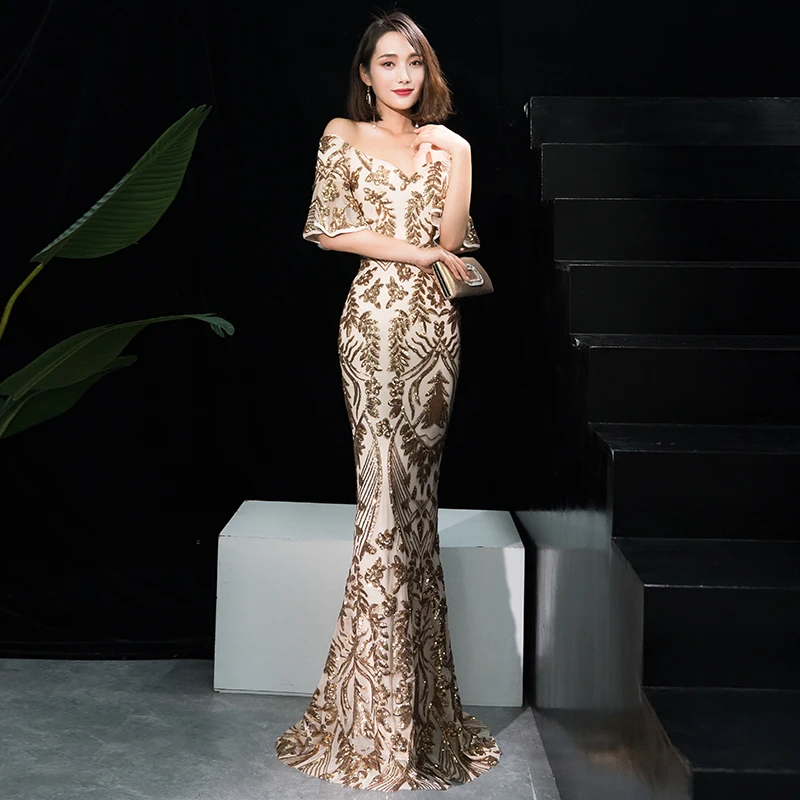 New Flare Sleeve Black Gold Heavy Sequins Dress Boat Neck Formal Party ...