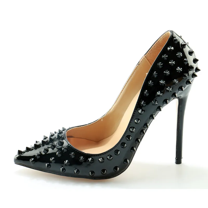 Black Rivets Sext Thin High Heels Shoes Woman Pointed Toe Dress Big Size 42 New Party Women