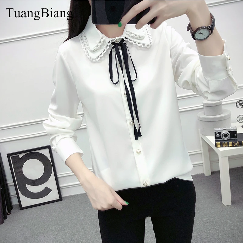 Double Layer Collar Shirts Lace Up Bow Shirts Preppy Style Female