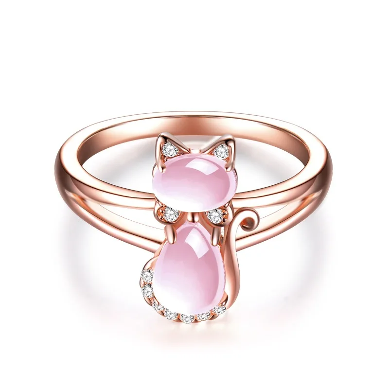 Rose Gold Filled Pink Stone Cute Cat Rings For Women White Crystal ...
