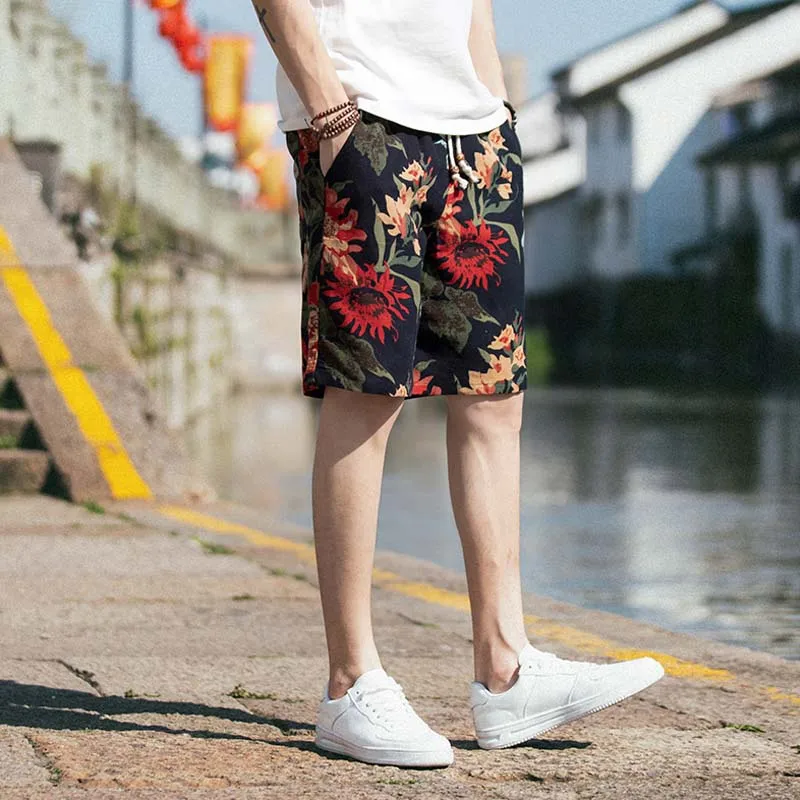 Short en lin japonais pour homme - Streetwear imprimé avec cordon de ...