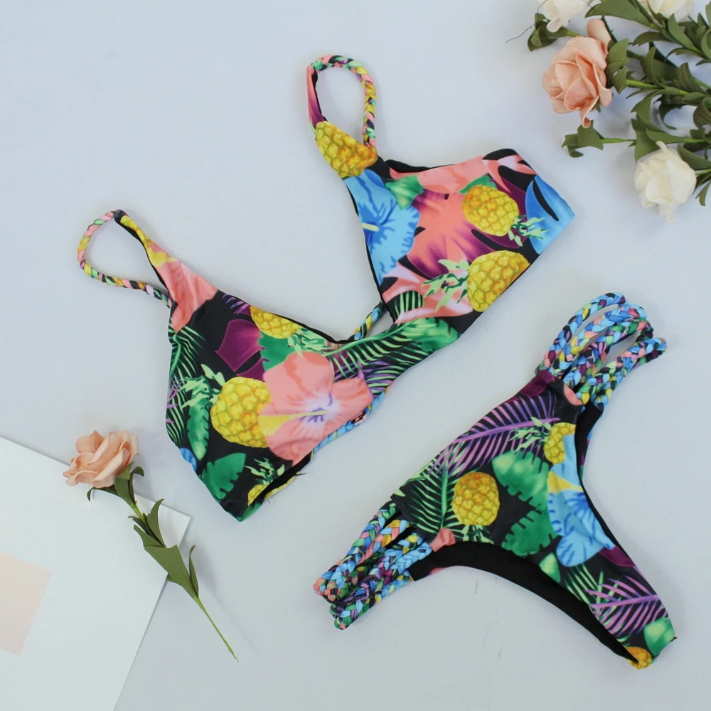 2018 Sexy Ladies Fruit Floral Halter Thong Biquini Swimsuit Swim Beach