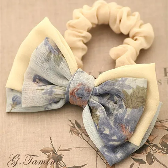 Chiffon Three Layer Large Bow Elastic Band For Hair Floral Print Girls ...