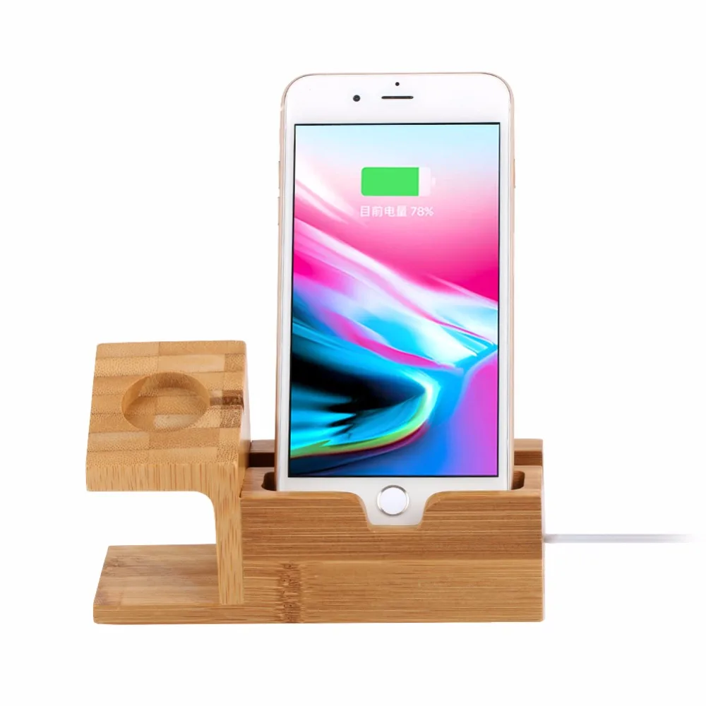 3 USB Ports Natural Bamboo Phone Desk Stand Holder Charging Dock for ...
