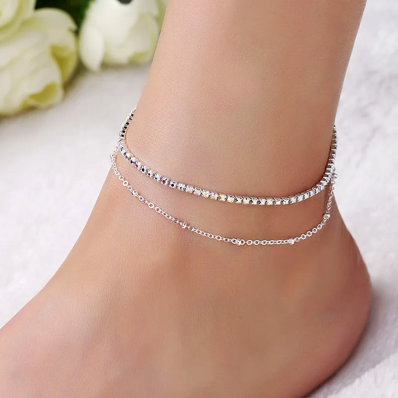 Lovely Girl Ab Crystal Ankle Bracelet Silver Color Link Chain Anklet Sexy Barefoot Jewelry Women