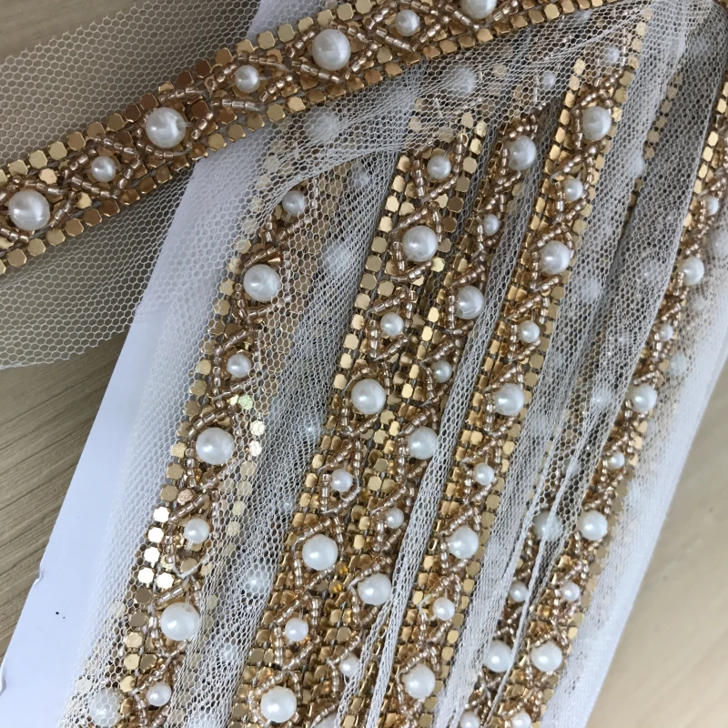 3 Yards 1.69" Wide Gold Beaded Trim Mesh Lace Ribbon Tapes For Weddings ...