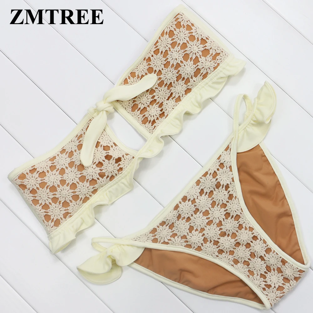 ZMTREE Lace Bikini Bandeau Swimwear Women Ruffled Swimsuit Bowknot Bathing Suit Girls Cute ...