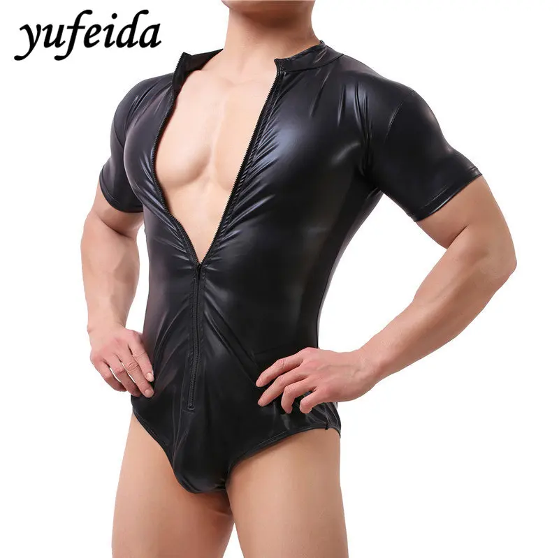 Yufeida New Arrial Sexy Mens Bodysuits Black Pu Faux Leather Mens