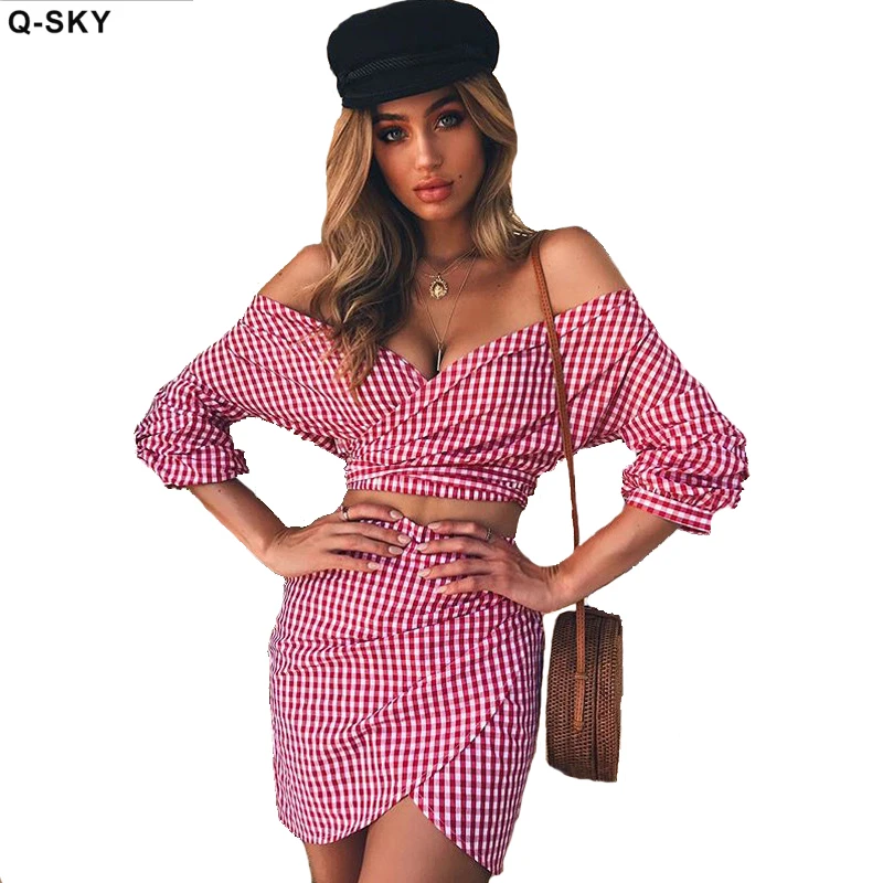 Women's two piece dress sets 2018 new lattice bare shoulder long sleeve ...