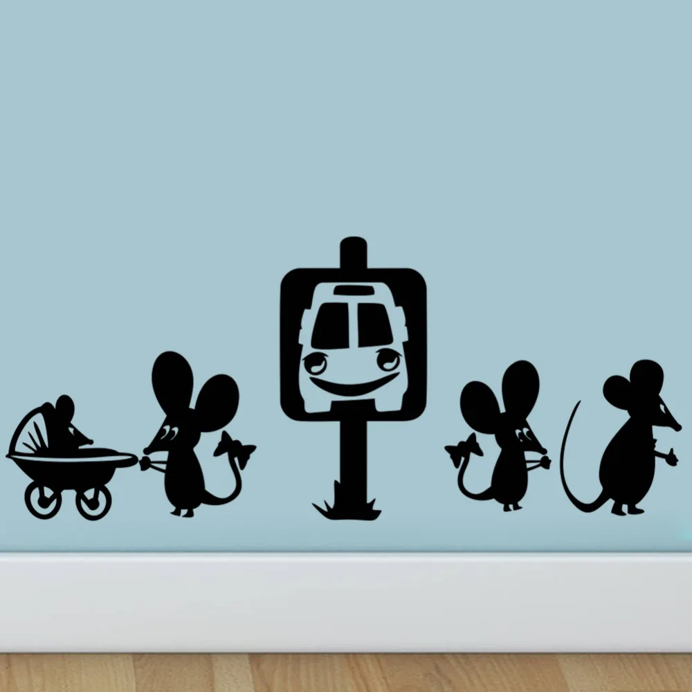 Family Mouse taking the bus wall sticker Cartoon Funny hole wall decals ...