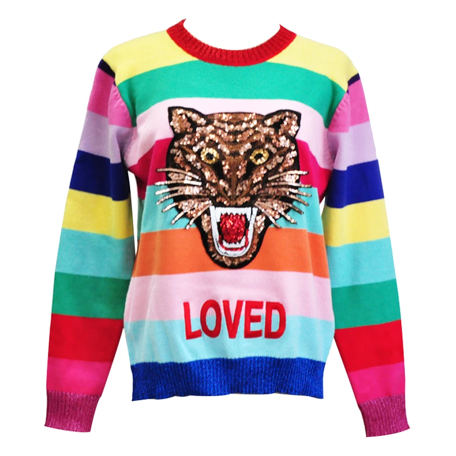 2017 Autumn Winter Runway Rainbow Striped Women's Sweater Luxury ...