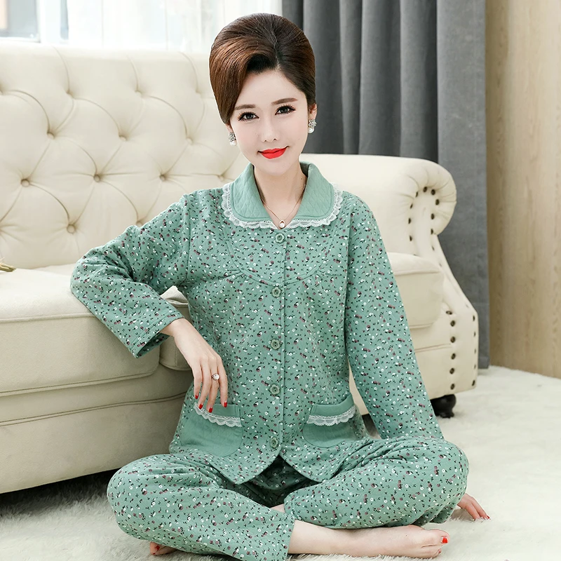 Women Winter Quilted Pajamas Cotton Thick Warm Ladies Sleepwear Long