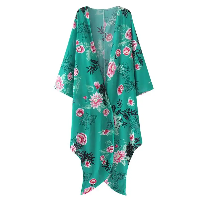 2018 Long Kimono Women Floral Print Green Cardigan Vintage Summer ...