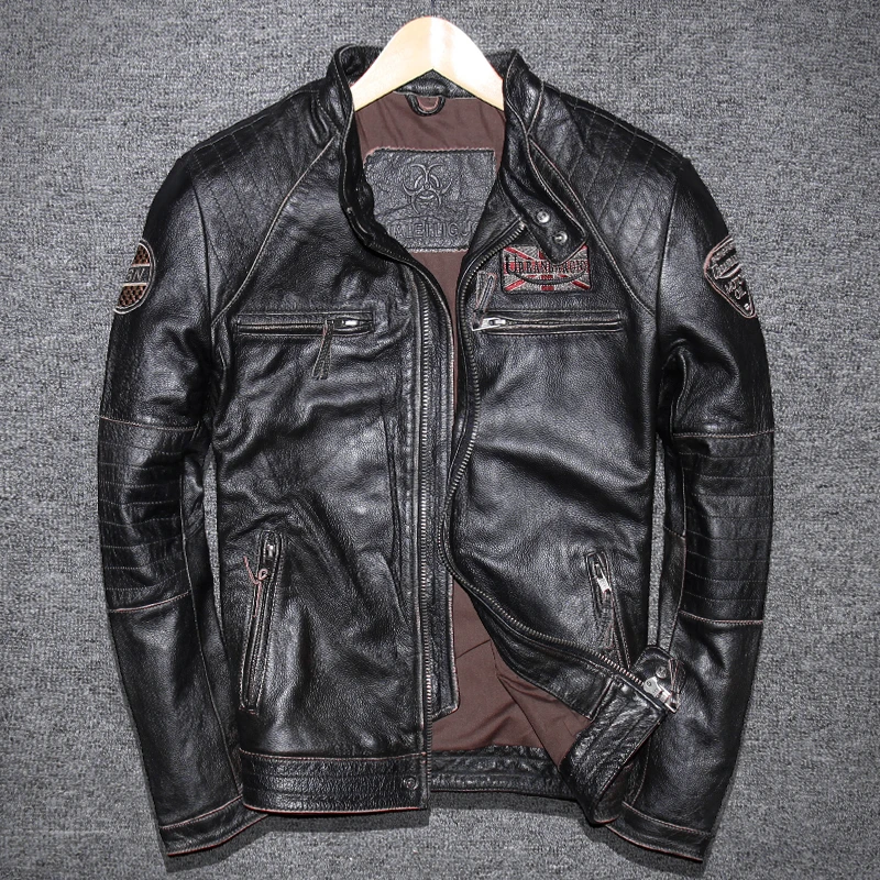 Yolanfairy Geniune Leather Jacket For Men Pure Cow Leather Vintage