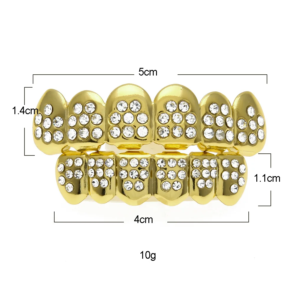 Hip Hop Bling Iced Out 6 Rhinestone 8 teeth Golden teeth set Tooth Cap ...