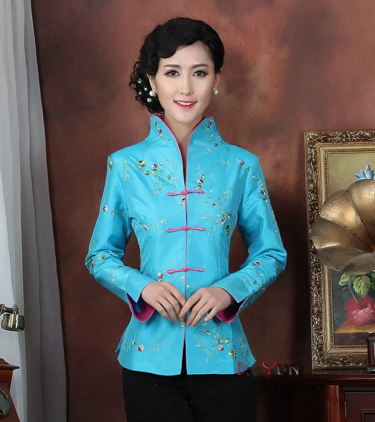 blue Chinese Women's embroidery silk/satin long sleeves evenig dress ...