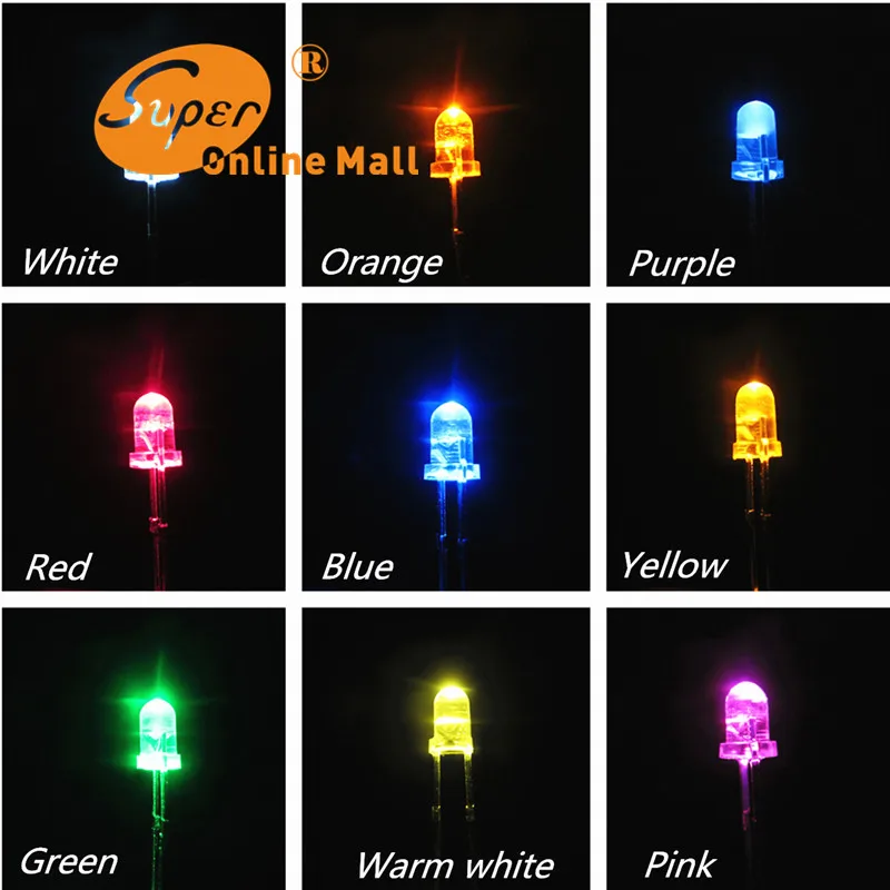 LED 3MM Diodes 3mm 100 x 5 Color White Yellow Red Blue Green Round ...