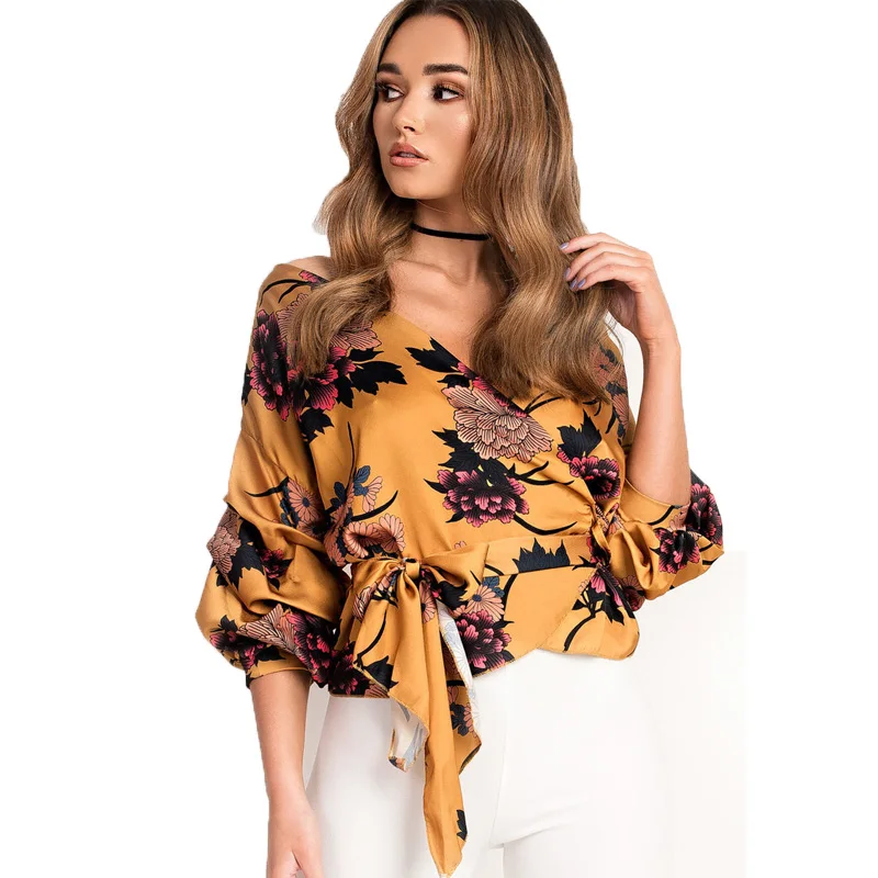 New Arrival Silky Satin Floral Blouses Women Sexy V Neck Wrap Womens Blouses And Tops Puff