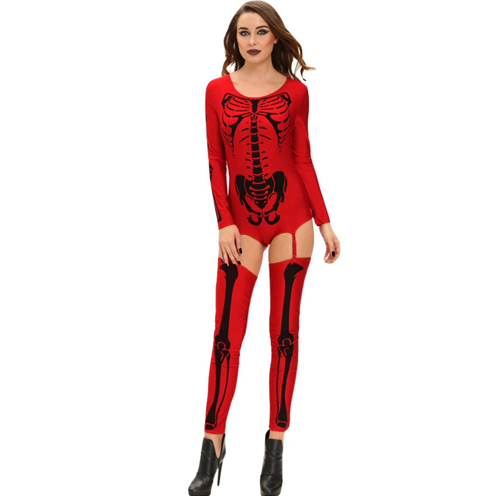 New Fashion Women Halloween Costume Bodycon Jumpsuit Skull Print Role