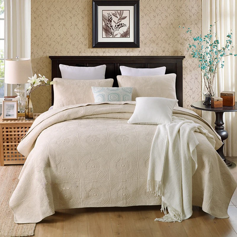 Chausub Beige Cotton Quilt Set 3pcs Embroidery Quilts Quilted Bedspread